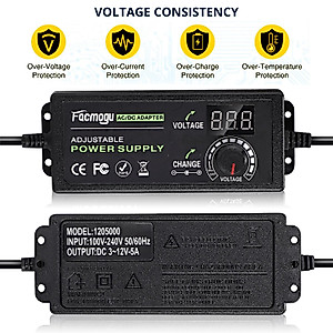 Facmogu 3V-12V 5A 60W Adjustable Power Supply with LED Display, Variable DC 3V 5V 6V 9V 12V Universal AC/DC Adapter, 100V-240V AC to DC 3-12V Switching Power Converter Multi-Voltage Regulated Adaptor