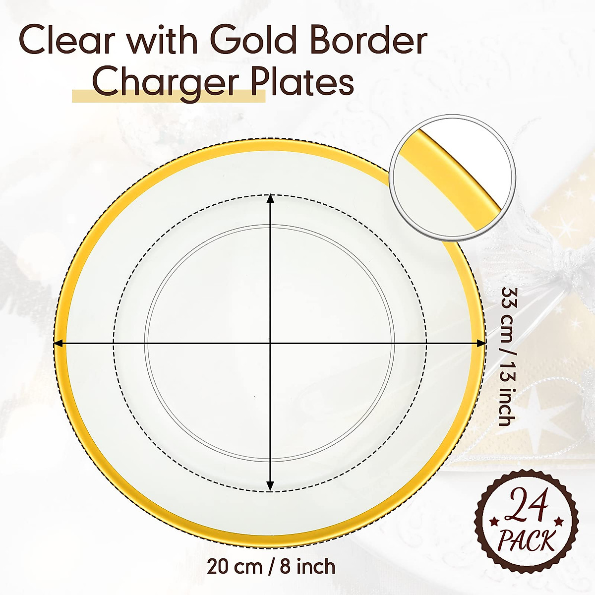 Pinkunn 24 Pcs Charger Plates Bulk 13 Inch Plastic Round Dinner Plate Gold Rim Serving Plates Clear Plastic Plates for Party Banquet Wedding Family Kitchen Table Decor Supplies