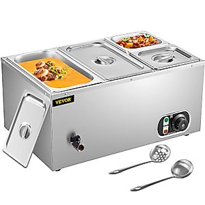VEVOR 110V Commercial Food Warmer, 4-Pan Stainless Steel Bain Marie 14.8 Qt Capacity,1500W Steam Table 15cm/6inch Deep, Electric Soup Warmer