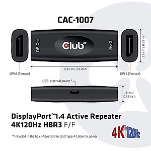 Club 3D DisplayPort 1.4 Active Repeater 4K120Hz HBR3 F/F - 65.62 ft Maximum Operating Distance - DisplayPort - USB,CAC-1007