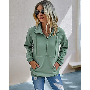 PRETTYGARDEN Women’s Casual Long Sleeve Lapel Zipper Sweatshirt Drawstring Loose Pullover Tops Green