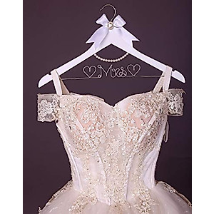 HUIDIAN White Solid Wood Bridal Dress Hanger with Lady Wire Lettering for Bridal Wedding Party Gift (Silver Thread and Pearl Chain White Hanger)