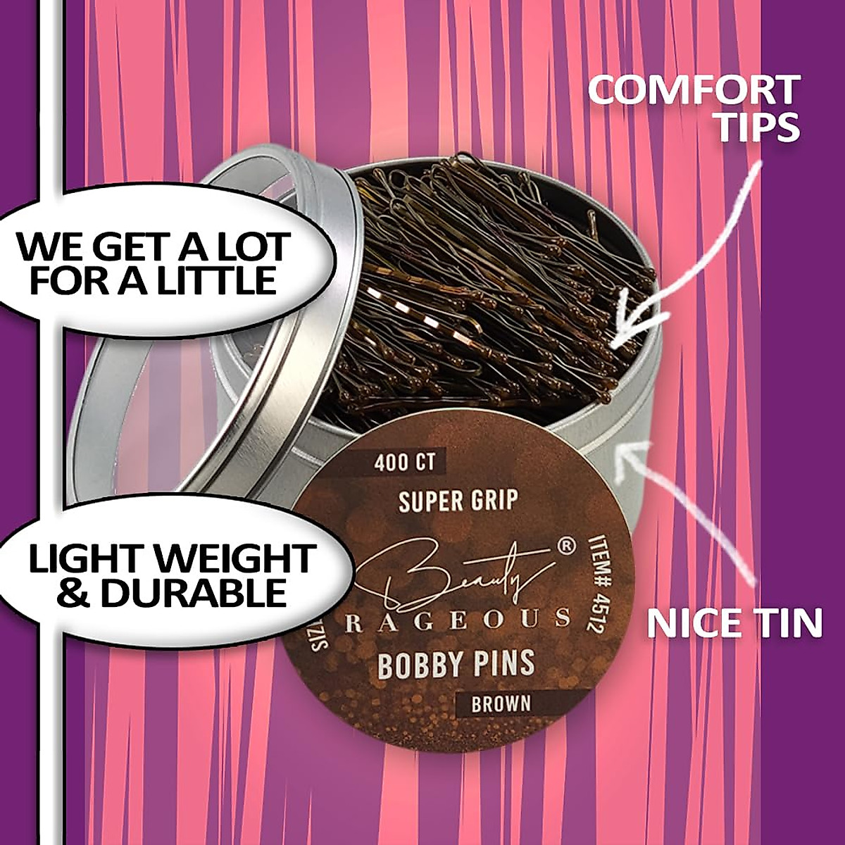 Super Grip Bobby Pins - Women's 1.9 Inch - Easy, Secure, All Hair Types - Handy Reusable Tin (Brown - 400 Ct Approx)