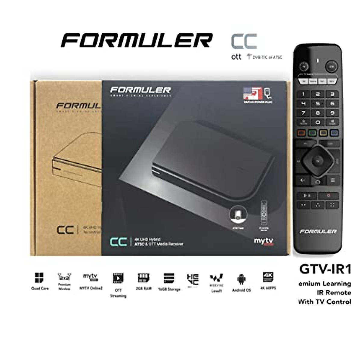 Formuler CC 4K Hybrid UHD + ATSC & OTT Media Receiver 2GB Ram 16GB Memory + Bonus Dreamlink Dlite W Android Box + Bonus Formuler 7 Color Backlit Wireless Mini Keyboard.