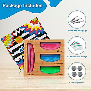 Bamboo Ziplock Organizer - Storage Bag Kitchen Organizer - Ziplock Storage Organizer - Food Storage Bag Dispenser - 40 Ziplock Bags Included
