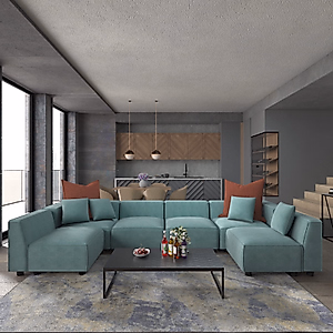 LLappuil Modern Modular Sectional Living Room Sofa Set, Low Back Minimalist Style Couch, Soft Fabric 6 Seater Oversized 138.4" U Shape Sofa, Aqua Blue