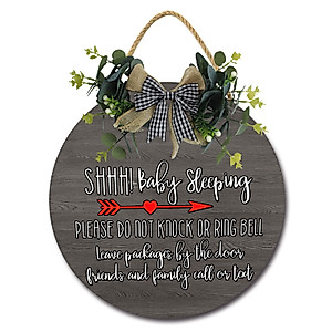 Baby Sleeping Plsease Do Not Knock or Ring Bell Round Wooden Door Hanger,Nursery,Front Door,Door Knob Decor,Living Room Sign, Wall Decor, Hanging Wood Sign, Bedroom Decor Sign (12x12inch)