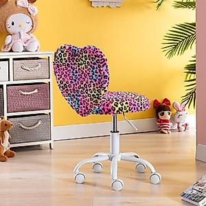 LZAREAL Cute Fuzzy Kids Chair for Teenage Girls Rolling Study Desk Student Chair Furry Computer Task Chair, Adjustable Heart Shaped Reading Vanity Chair for Bedroom, Leopard