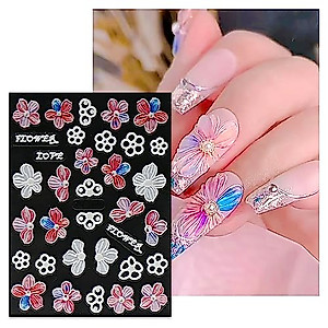 JMEOWIO 7 Sheets 3D Embossed Flower Nail Art Stickers Decals Self-Adhesive Pegatinas Uñas 5D Spring Summer Floral Nail Supplies Nail Art Design Decoration Accessories