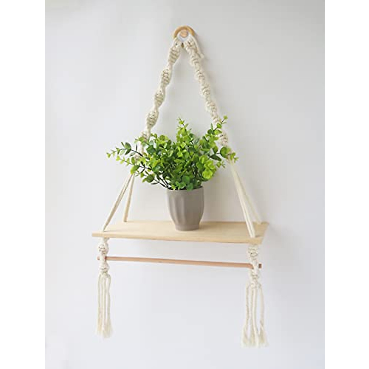 Lynnda Macrame Wall Hanging Shelves, Macrame Plant Hangers of 2, Boho Home Wall Decor Floating Shelves with Detachable Stick