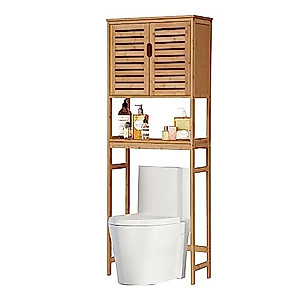 kinbor Over The Toilet Storage - Bamboo Multifunctional Bathroom Cabinet with Adjustable Shelf and 6 Hooks, Space Saver Double Door Organizer, Freestanding Above Toilet Rack, Natural