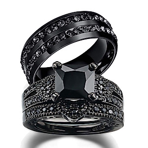 LOVERSRING Couple Ring Bridal Set His Hers Black Stainless Steel 10k Black Wedding Ring Band Set