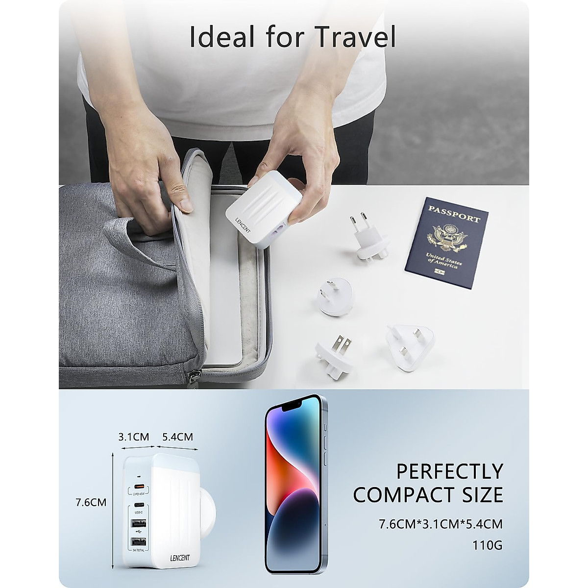 LENCENT 45W Multiple USB Wall Charger, International Cell Phone Charger with 2 PD Type-C+2 USB, Fast Charger Block for All iPad iPhone 15 14 13 12 Pro Max Pixel Note Galaxy, USA/UK/EU/AUS