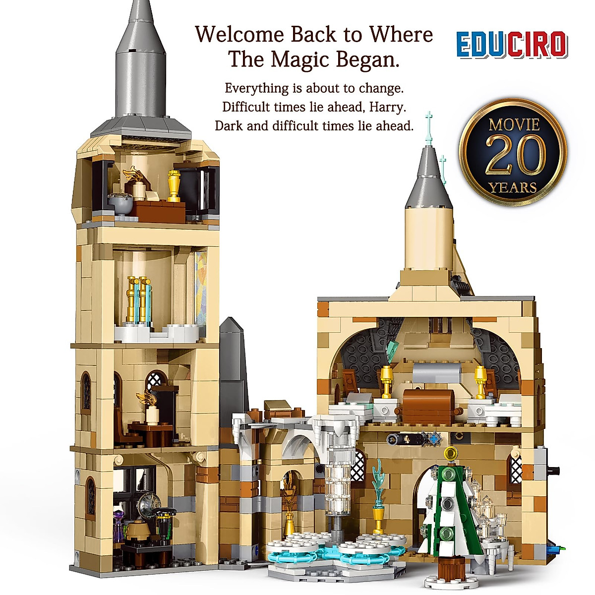 Under the Baubles Harry Castle Clock Tower Building Toy Set with Dumbledore Office Building, Magic Castle Architecture Model for Boys and Girls, Gift Ideas for Potter Fans Kids Aged 8-14 (871 PCS).