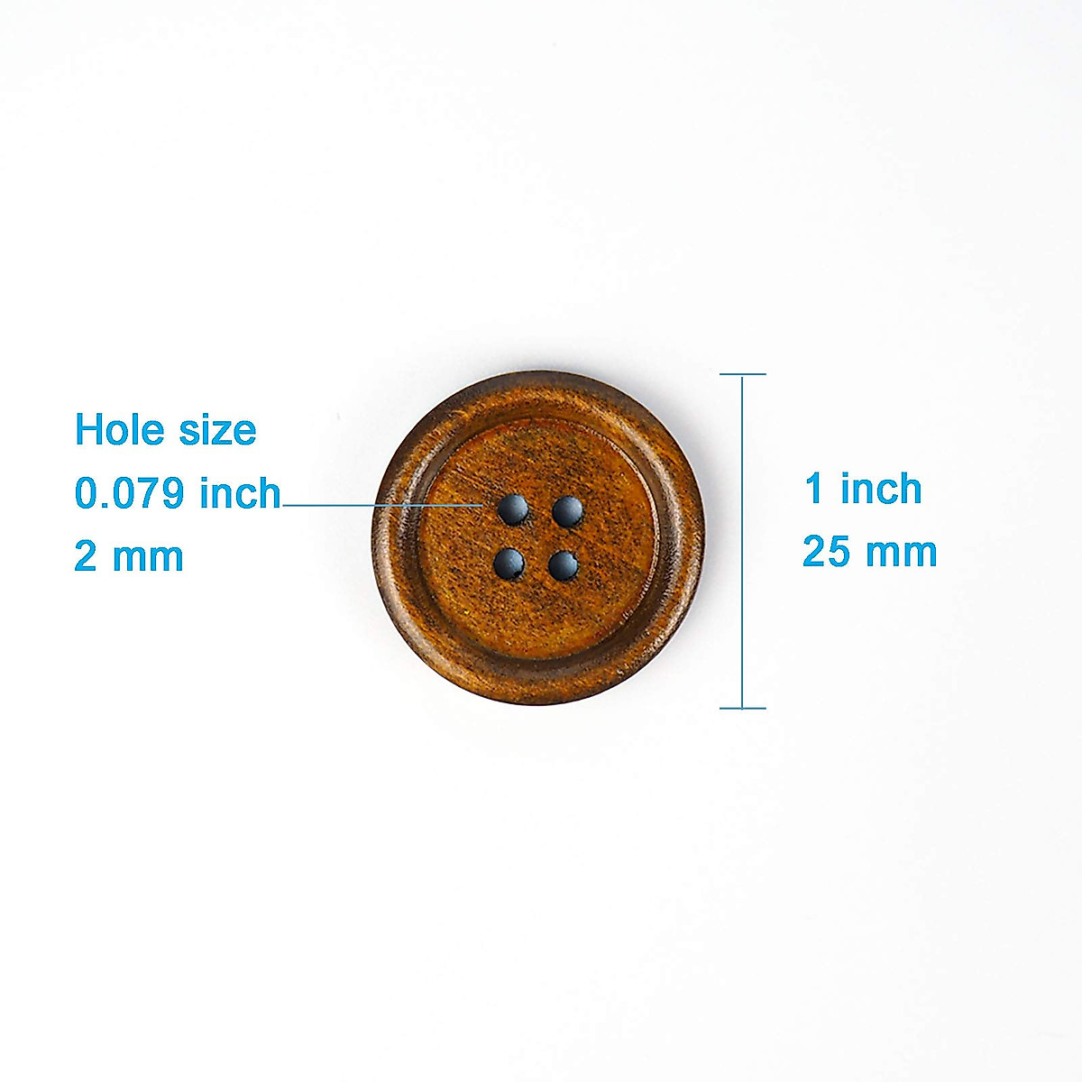 50 Pcs 1 inch Wooden Buttons, 25mm Premium Buttons for Sewing Craft Clothing, Brown Color, Natural Chestnut Made, 4 Hole