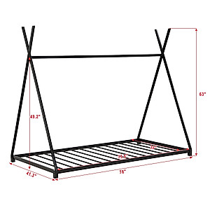 Twin Size House Beds, Metal Floor Bed Frame, Triangle Structure, Kids Teepee Bed for Boys Girls Teens, Black