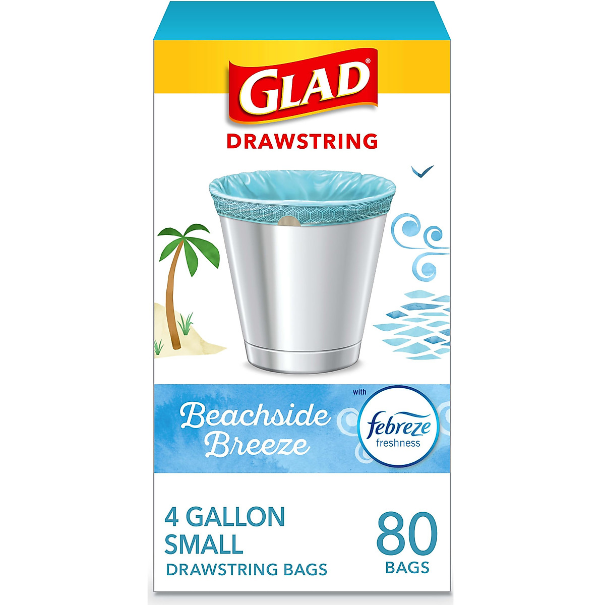 GLAD Small Drawstring Trash Bags, 4 Gallon Green Trash Bags for Small Kitchen or Office Trash Can, Beachside Breeze with Febreze Freshness to Eliminate Odors, 80 Count - Packaging May Vary