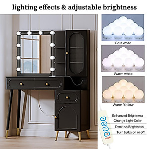 YYJ Vanity Desk with Mirror and Lights,Modern High Capacity Makeup Vanity with 3 Drawers,Makeup Table with Power Outlet and 10 Lights,Writing Desk for Bedroom,Makeup Room, Black