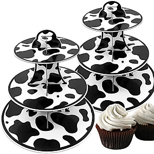 2 PCS 3-Tier Cow Print Stands Cardboard Cow Print Round Cardboard Stand Farm Animal 2 Cow Print Cupcake Stands 3 Tier Cupcake Holder Perfect for Cow Boy Party Cow Print Supplies