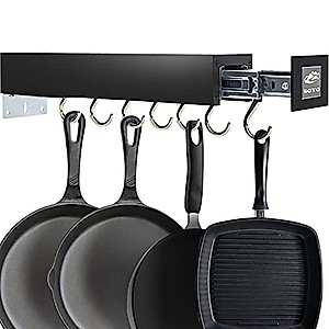 SOYO Adjustable Pot Racks Pan Utility Organizer Pull Out Kitchen Cabinet 7 Hook for Hanging, Sliding Pantry Organization and Storage, Black