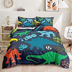 Axolotl Kawaii Dinosaur Bedding Set Full Size for Boys,Cute Colorful Cartoon Duvet Cover,1 Soft Comforter Cover and 2 Pillowcases with Zipper Closure for Kids Girls Teens, No Comforter,Navy Blue