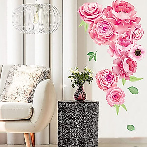 lemoncuter Peony Flower Wall Decals, Pink Floral Wall Decals Flower Wall Stickers Peel and Stick, Large Rose Flower Wall Decal for Walls Girls Bedroom Kids Living Room Nursery Classroom Decoration
