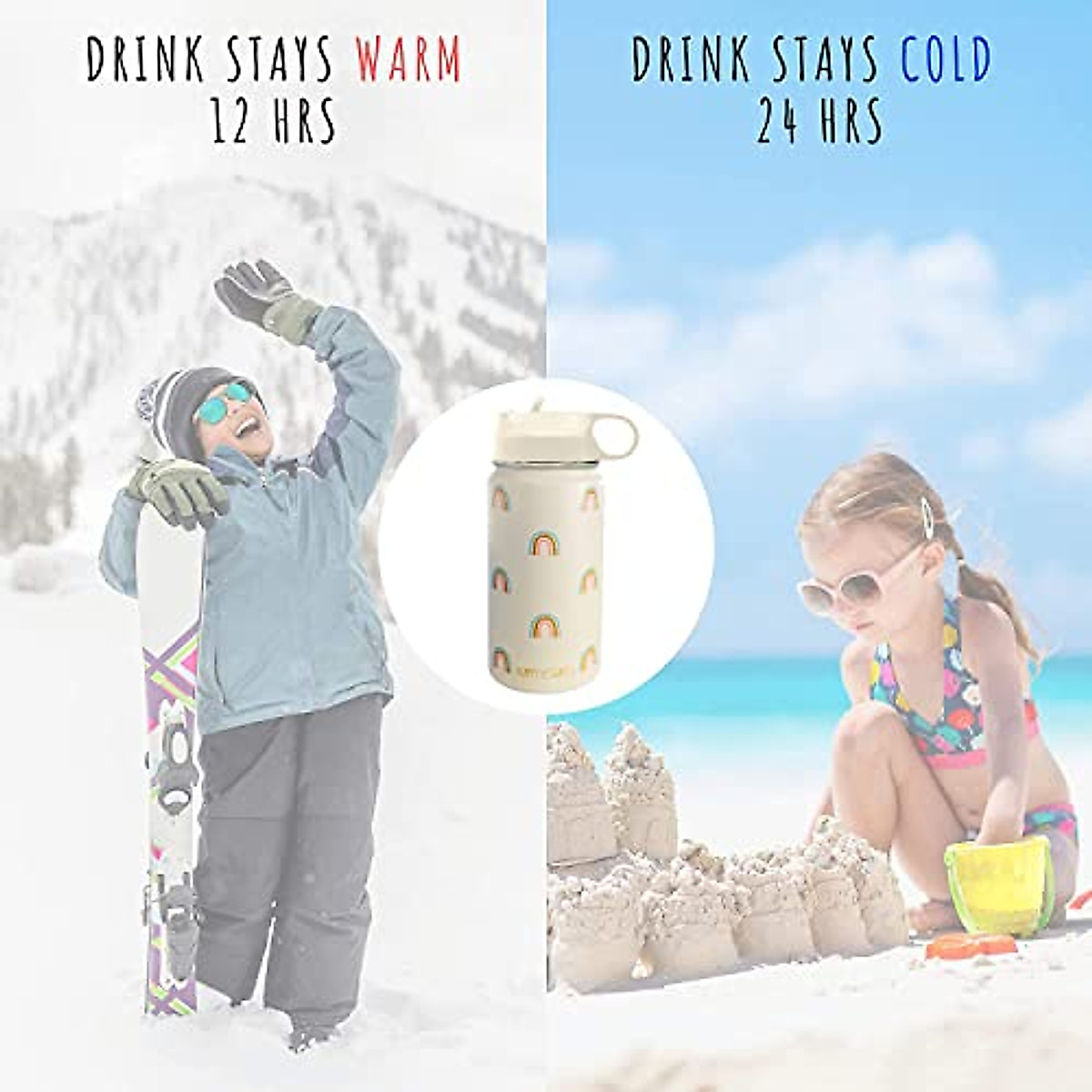 Hippypotamus Kids Water Bottle - Vacuum Insulated Stainless Steel Thermos With Straw Lid & Spout For Toddlers - 14 oz (Rainbow)