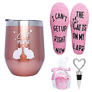 Valporia Cat Mom Gifts for Women Insulated Wine Tumbler with Sayings + Fuzzy Socks + Wine Stopper for Women Birthday Gifts for Women Rose Gold Stainless Steel Xmas Gifts