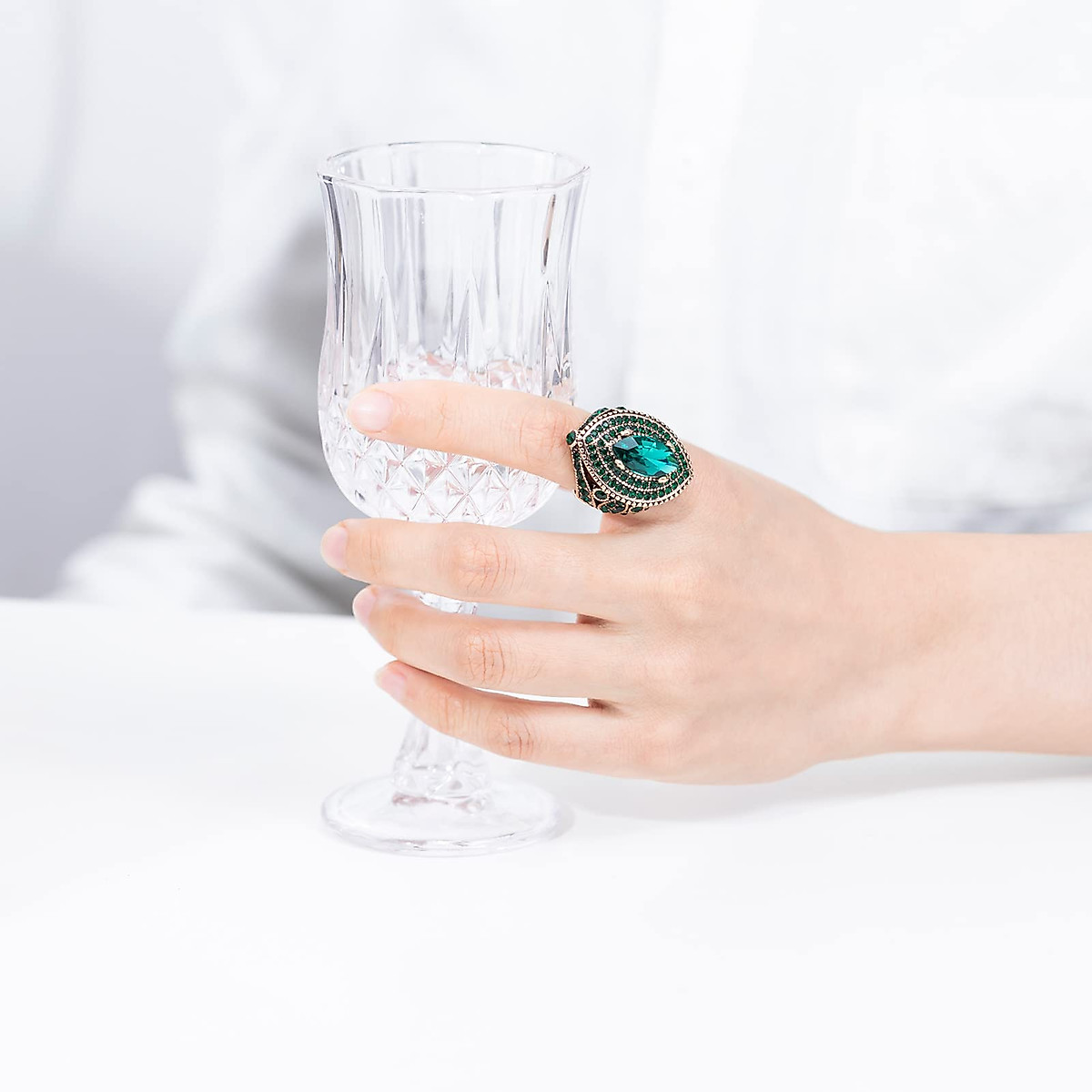 CKHAO Women Ring - Big Size Antique Gold Plated Turkish Style Green Gemstone Vintage Girls Ring Women Jewelry 0769GREEN (8)