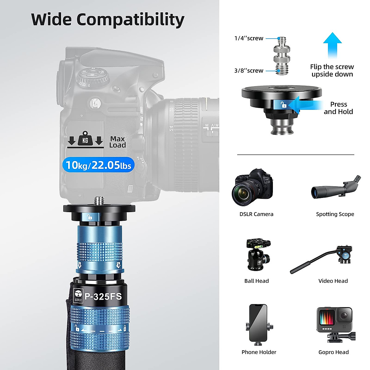 SIRUI P-325FS Monopod with Feet, 55" Carbon Fiber Monopod for Cameras, Professional Lightweight Travel Monopod, Max Load 22lbs, 360° Panorama, 5-Section, Quick Release Plate
