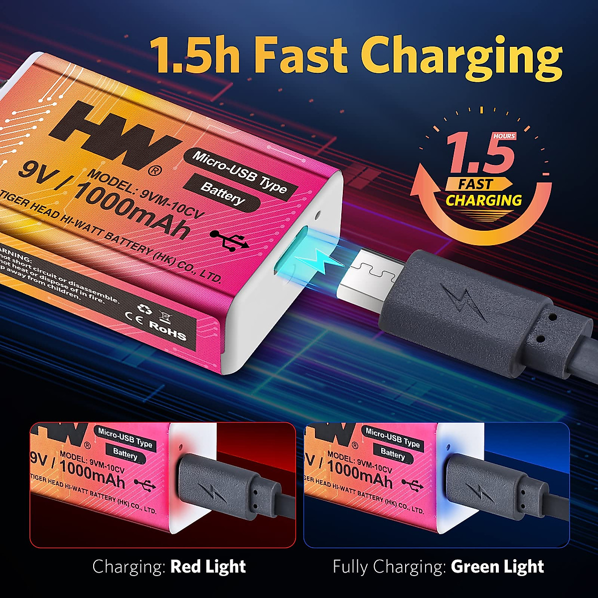 HW 9V Li-ion Rechargeable Battery, 9 Volt/1000mAh(9000 mWh) Long Lasting Rechargeable Batteries with Micro-USB, 1000 Cycles Charge, 1.5 Hrs Fast Charging, LED Indicator, 1 Pack