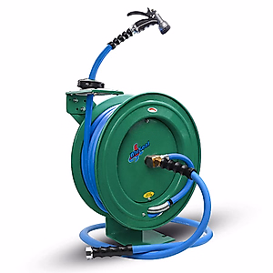 RMX BluSeal Auto Retractable Water Hose Reel with Hot & Cold Water Rubber Garden Hose, Spray Nozzle - Ultra Light, Super Strong with 6' Lead-in Hose (3/4” x 50’ Green)