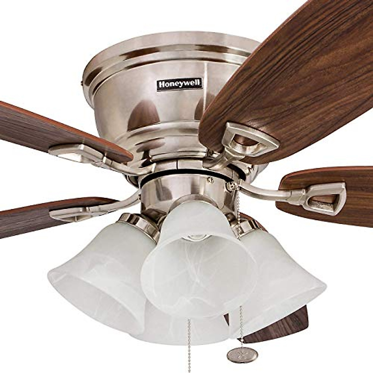 Honeywell Ceiling Fans Glen Alden, 52 Inch Classic Flush Mount Indoor LED Ceiling Fan with Light, Pull Chain, Quick-2-Hang Dual Finish Blades, Reversible Motor - 50519-01 (Brushed Nickel)