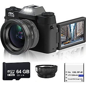 eDealz 4K 48MP Digital Camera for Photography, Vlogging Camera for YouTube with 3.0’’ 180° Flip Screen, WiFi, 16X Digital Zoom, Wide Angle & Macro Lens Rechargeable Battery, 64GB Micro SD Card (Black)