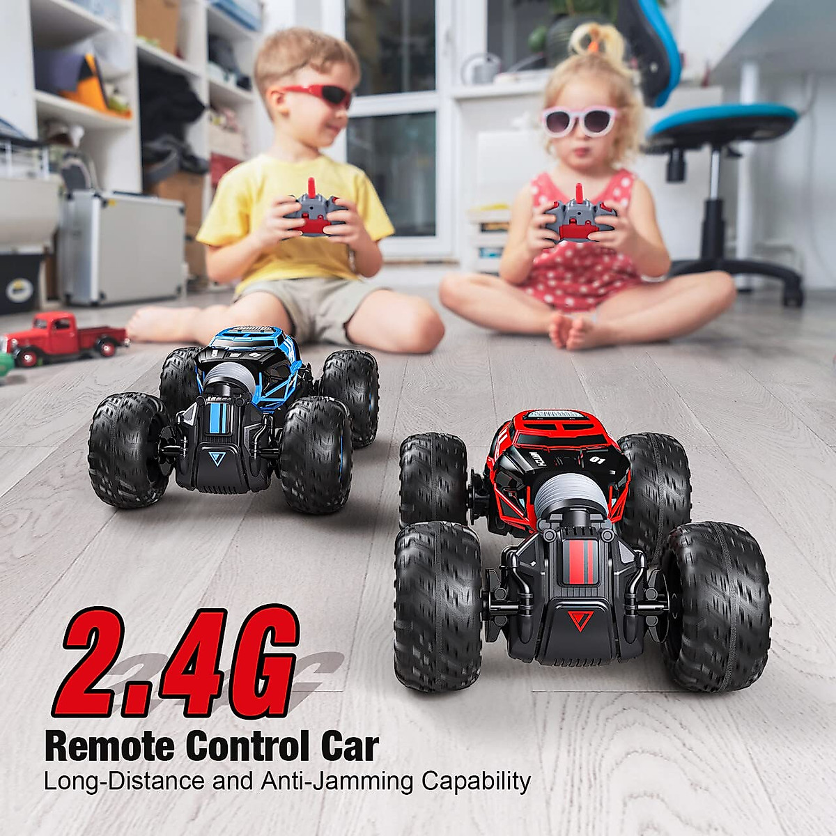 Powerextra Remote Control Car, Gesture Sensing RC Car, 4WD Transform Off Road Crawler, All Terrains Toy Stunt Car with Two Batteries, 50+ Mins Play Time for 6-12 Year Old Boys & Girls