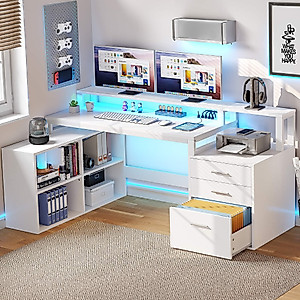 DWVO L Shaped Desk with Power Outlets & LED Lights, 65" Computer Desk with Drawers, Corner Desk Office Desk with File Cabinet & Printer Stand, White