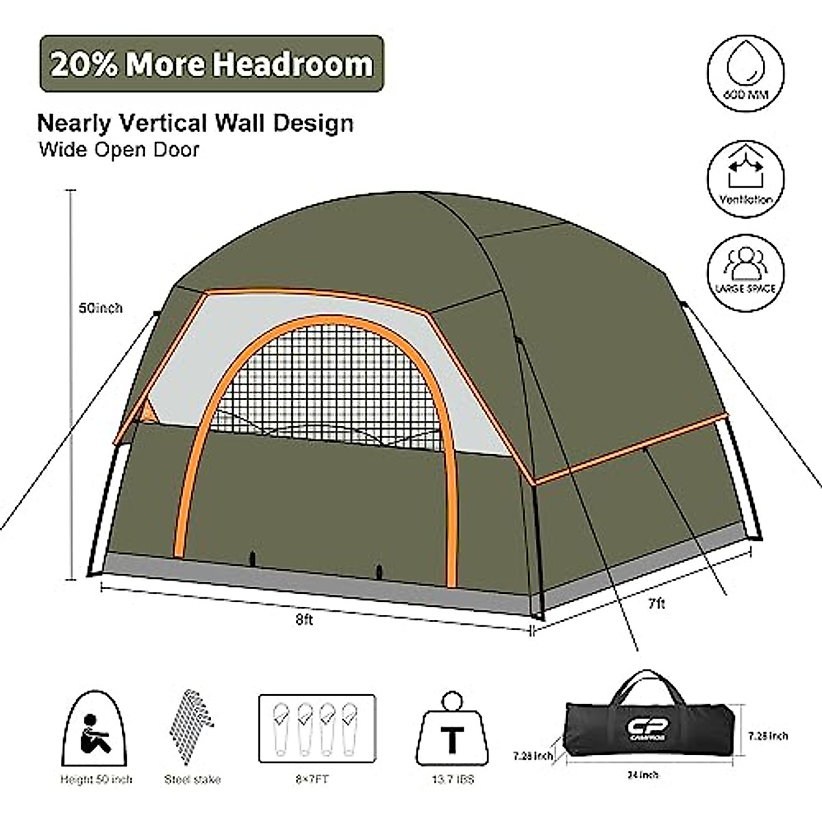CAMPROS CP Tent 4 Person Camping Tents, Weatherproof Family Dome Tent with Rainfly, Large Mesh Windows, Wider Door, Easy Setup, Portable with Carry Bag - Olive