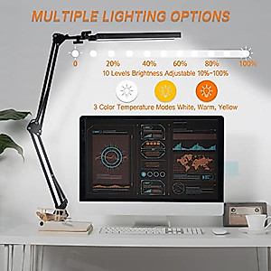 Hitish LED Desk Lamp, 24W Super Bright Architect Desk Lamp with 3 Color Modes & 10 Brightness Levels for Home & Office, Eye Protection Swing Arm Desk Lamp with Base & Clamp for Study, Work, Monitor