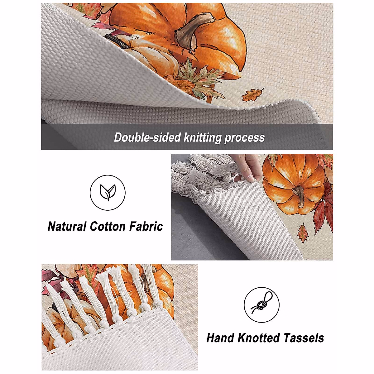 Fall Kitchen Runner Rug 2x5 Bedside Rug with Tassel Cotton Woven Throw Rugs Washable Hallway Runner Rug Thanksgiving Orange Pumpkin Maple Leaf Beige Floor Carpet for Bedroom Bathroom Living Room