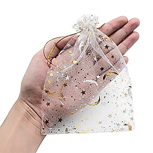 souG Organza Gifts Bags, 5x7 100Pcs Sheer Organza Drawstring Pouches Stars and Moon Wedding Party Favor Jewelry Candy Gift Bags (White and Gold).