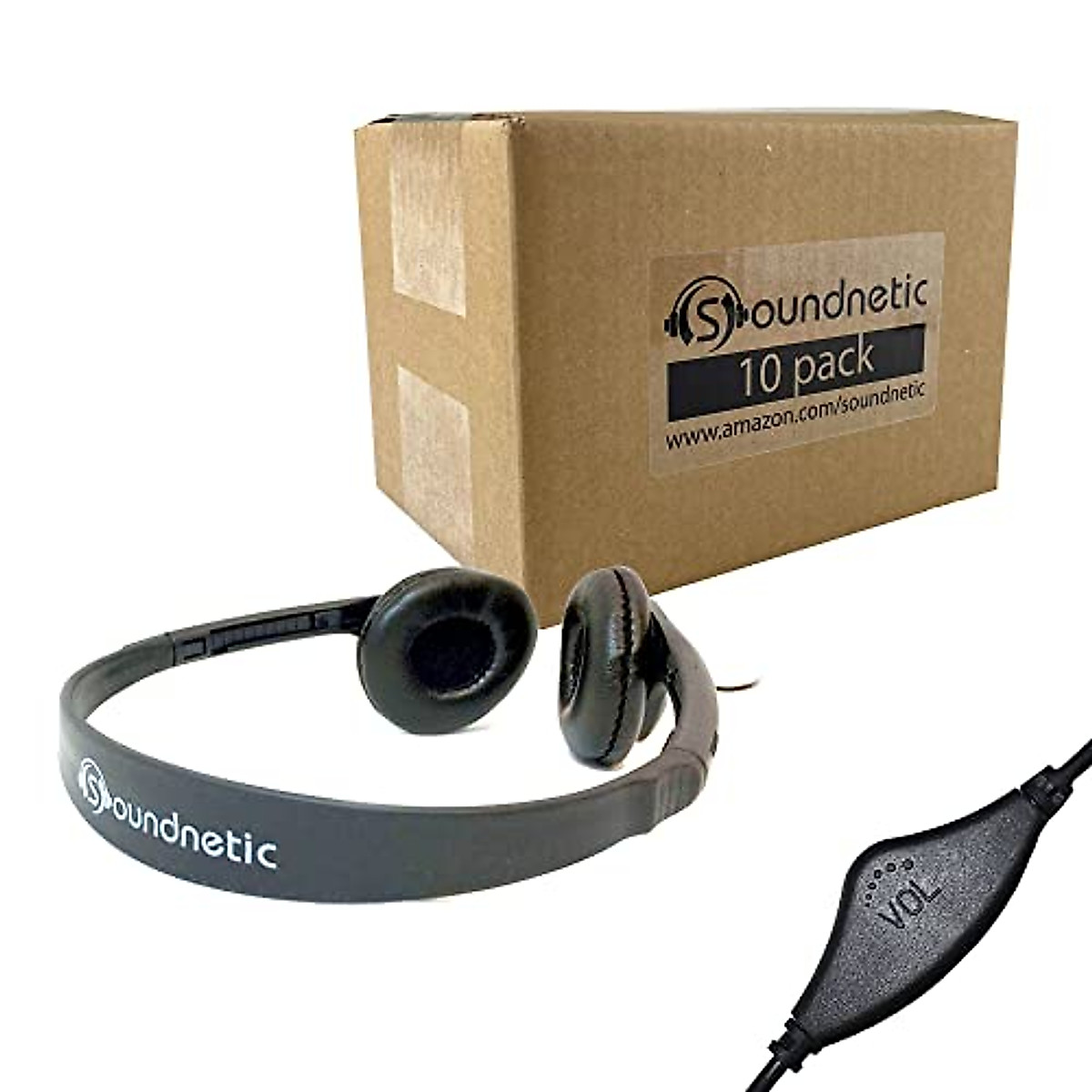 Soundnetic SNCCV Classroom Stereo Headphones with Leatherette Earpads and Volume Control, Black, Count of 10, Pack of 1