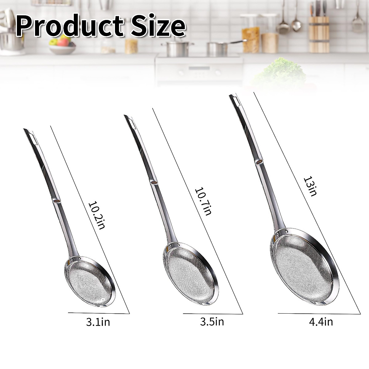 Stainless Steel Fine Mesh Strainer, Set of 3 Sizes Fine Mesh Sieve for Kitchen Cooking, Long Handle Food Strainer Steel Colander (Set of 3 Sizes)