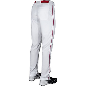 Rawlings | Semi-Relaxed Full Length Baseball Pant | Piped | Adult Small | White/Scarlet