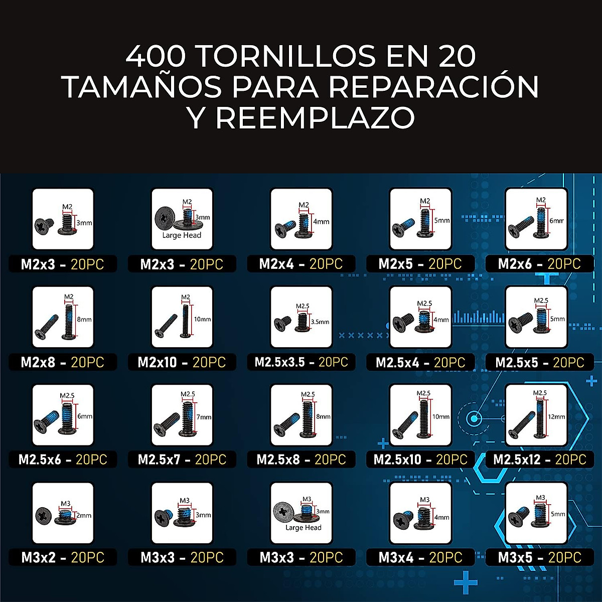 BOLT DROPPER 400pcs Laptop Screws w/Blue Nylok (20 Sizes) Titanium Nitride Screw Driver, Notebook Computer Screw Kit Set, Electronic Repair Screws for Hard Drive SSD Motherboard Fan Power Graphics