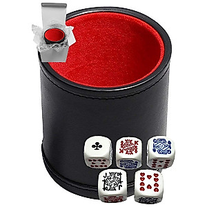 Set of Dice Cup Black PU Leather w/Plush Red Felt Lined + Poker Dice White Rounded Corners Clubs Ace (Gift Boxed)