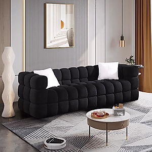 84.3" 3 Seater Modern Sofa Couch, Comfy Upholstered Living Room Sofa with 2 Pillows, Comfy Boucle Sofa with Solid Metal Legs, Contemporary Furniture Tufted Cloud Couch for Waiting Room, Office, Black