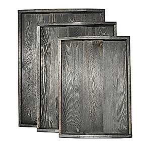 Owlgift Vintage Grey Wood Serving Trays with Brass Metal Wrap Accents, Set of 3
