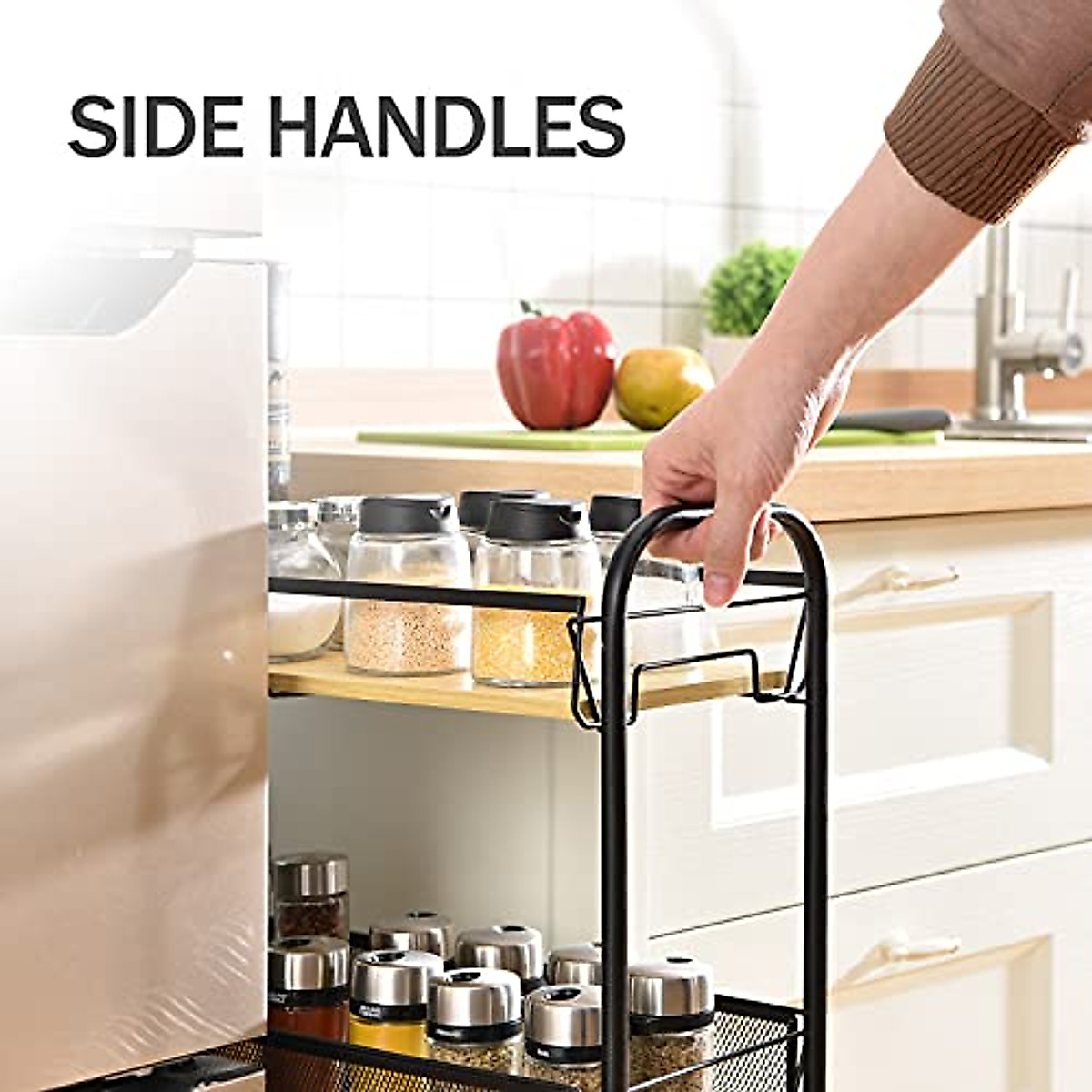 KINGRACK 4-Tier Slim Rolling Cart,Metal Utility Cart,Slide Out Storage Cart with Wooden Tabletop and Mesh Baskets for Narrow Space on Kitchen Bathroom Laundry Room Bedroom Apartments Dormitory, Black