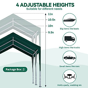ADVANCE OUTDOOR 10x20 ft Carport with Adjustable Height from 9.5 ft to 11 ft, Heavy Duty Car Canopy Garage Party Tent Boat Shelter, Green