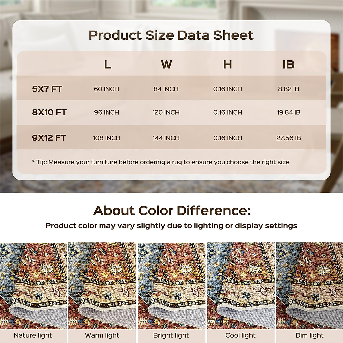 WITSHOCK Boho Area Rug Machine Washable Rugs for Living Room Bedroom Kitchen, 5x7 Area Rugs Kitchen Rugs Non Slip Washable Stain Low Pile Resistant Floor Carpet, Indoor Outdoor Rugs for Entryway, Red